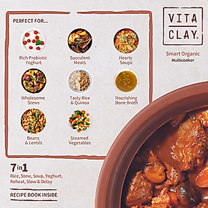 VitaClay Smart Organic Clay Pot Multi Cooker - Toxin Free Clay Rice Cooker, Delay Start Slow Cooker, Stew Cooker, Electric Soup Pot, Yogurt Maker, with Natural Earthen Clay Crock, 8 Cup / 4.2-Quart