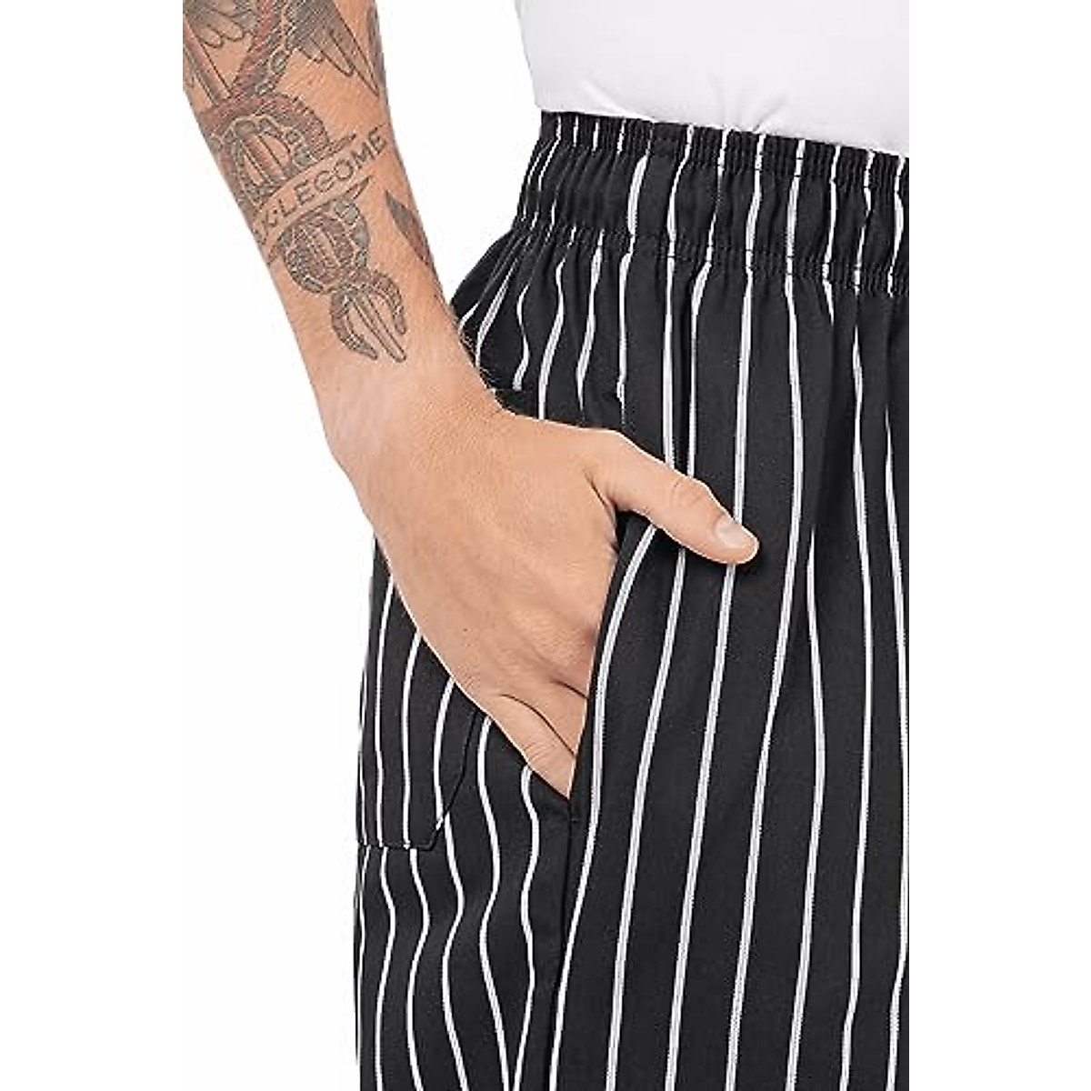 Chef Works Men's Designer Baggy Chef Pants, Black W/ Chalk Stripe, Large