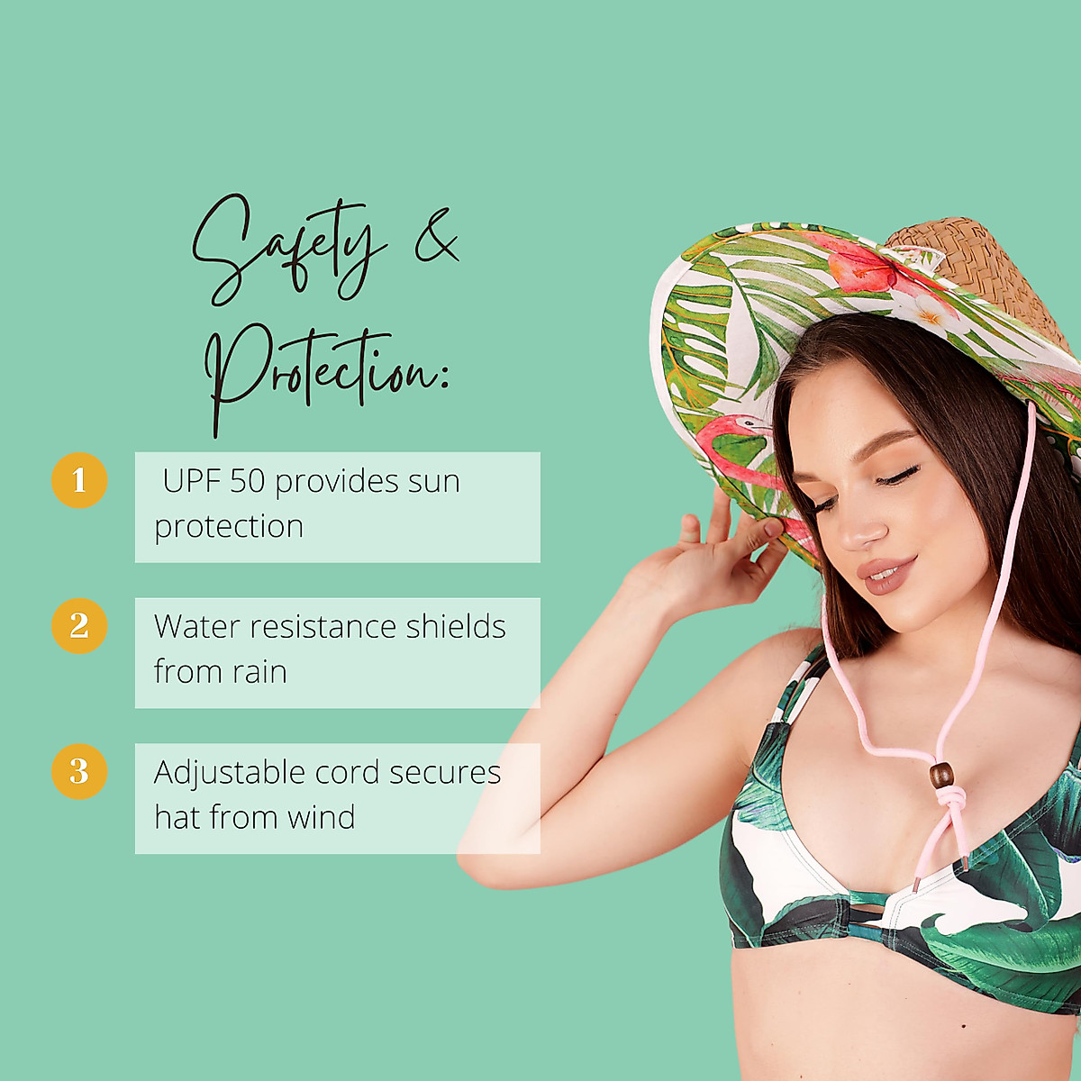 Woman's Sun Hat Straw Hat with Fabric Print Lifeguard Hat Great for Beach Ocean, Cruise, and Outdoor, Malabar Hat Co. (Flamingo Hat)