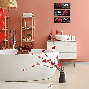 3 Pcs Red Wall Decor Red Roses Office Decor Inspirational Flower Wooden Wall Art Red Decor with Positive Quotes Ctrl Alt Del for Girl Women Office Bedroom Bathroom Living Room (Red Rose12 x 4 Inch)