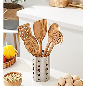Olive Wooden Spoons for Cooking, NAYAHOSE 5 Pcs Cooking Utensils Set with Stainless Steel Handle, Heat-Resistant Olive Wood Spatulas for Non-Stick Pan