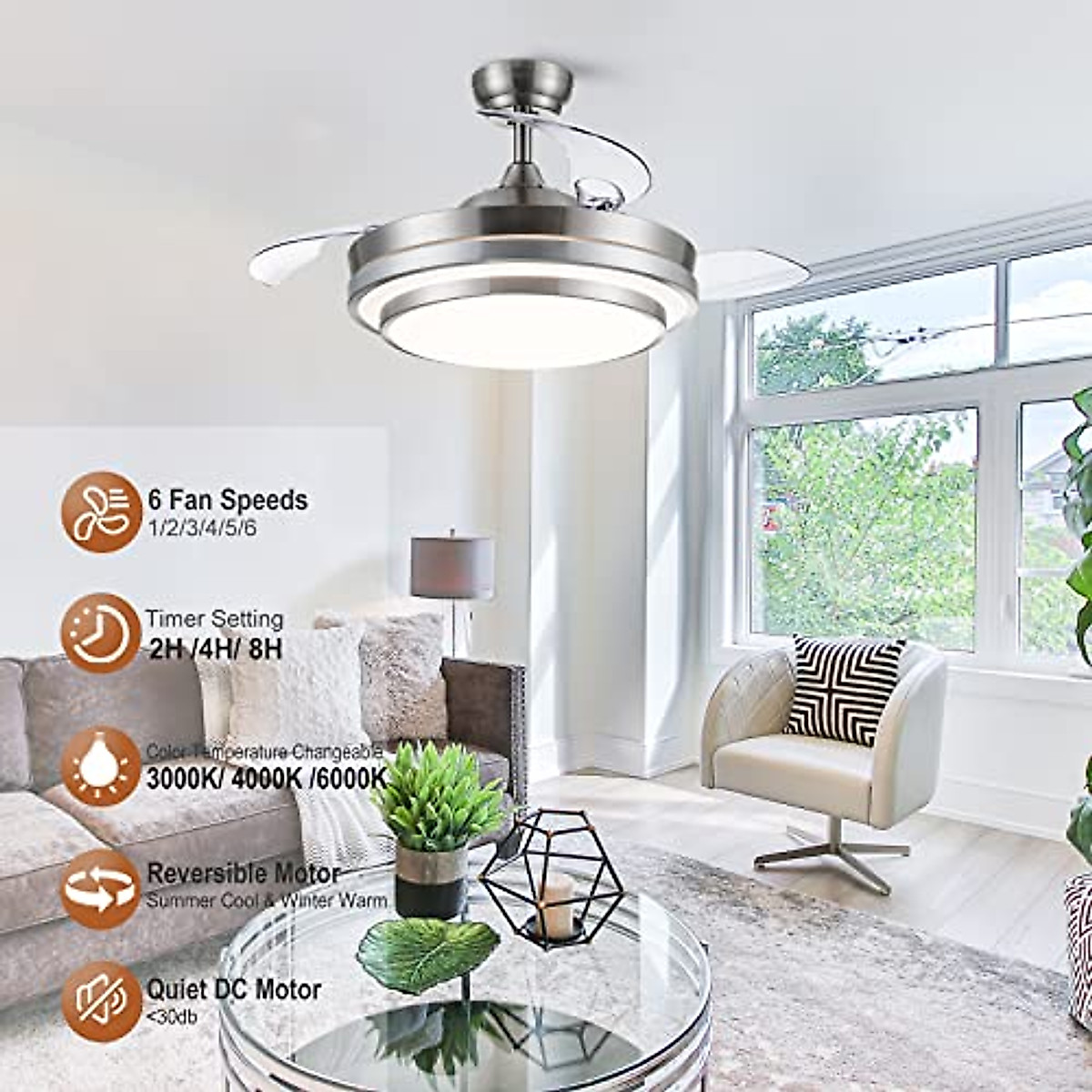 POCHFAN Retractable Ceiling Fan with Lights Remote Control, 42 Inch Modern Ceiling Fan for Bedroom Living Room in 3 Color Changeable,Timer, Noiseless DC Motor, 6 Speed, Brush Nickel, LED Ceiling Fans