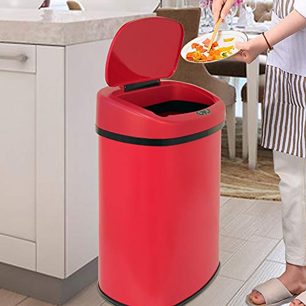 Automatic Sensor 13 Gallon Trash Can, Touch Free Trash Can, No Touch Garbage Can Kitchen Waste Bin, High-Capacity Bathroom Trash Can with Lid for Home Bedroom Office, Power by Battery, Red