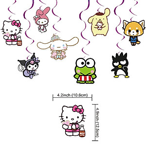 Kawaii Birthday Party Supplies Banner and 8*Hanging Swirls for Kuromi and My Melody Birthday Decorations, Kids Boys and Girls for Kitty and Friends Birthday Party Decorations Happy Theme.