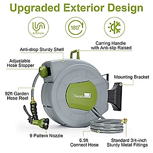 Automatic Hose Reel Retractable,Garden Hose Reel with Wall Mount,Water Hose Reels for Outside,1/2''x 92+6.5Ft Water Hose,9 Pattern Hose Nozzle,180° Swivel Bracket,Any Length Lock for Garden Hose Reel