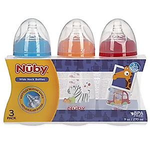 Nuby Tritan Wide Neck Non-Drip Bottles with Anti-Colic Air System: 9oz./ 270 Ml, 3 Pack, 0M+,Blue/Orange/red