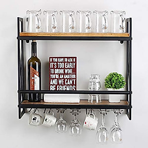 MBQQ Rustic Wall Mounted Wine Racks with 6 Stem Glass Holder,23.6in Industrial Metal Hanging Wine Rack,2-Tiers Wood Shelf Floating Shelves,Home Room Living Room Kitchen Decor Display Rack