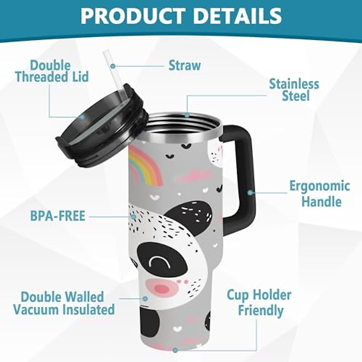 FRCSDIY Rainbow Panda Insulated Tumbler with Handle and Straw Lid,30oz Leakproof Stainless Steel Cup BPA-Free Water Bottle