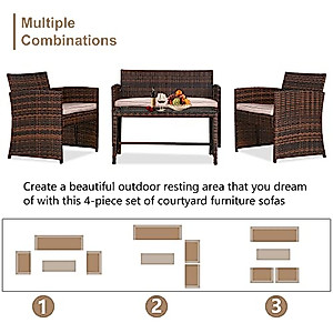 FDW 4 Pieces Outdoor Patio Furniture Sets Rattan Chair Patio Set Wicker Conversation Set Poolside Lawn Chairs Porch Poolside Balcony Outdoor Garden Furniture,Beige Cushion