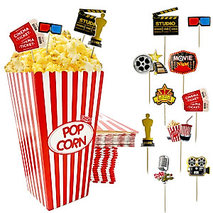 SNAIL GARDEN 30Pcs 46oz Popcorn Boxes, With 20Pcs Movie Snack Decoration Cupcake Toppers, Red/White Food Container,Disposable Durable Paper Boxex For Hollywood Theme Baby Shower Kids Birthday Party