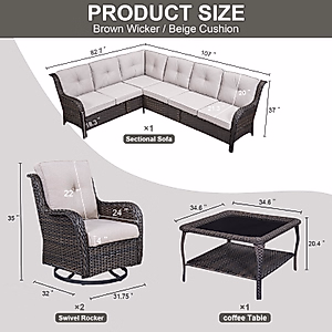 Outdoor Furniture Sectional Sofa L Shaped Couch - Patio Wicker Set with 2 Swivel Glider Chairs, 5 Piece Rattan Patio Conversation Sets with Beige Cushion for Deck Backyard Sunroom