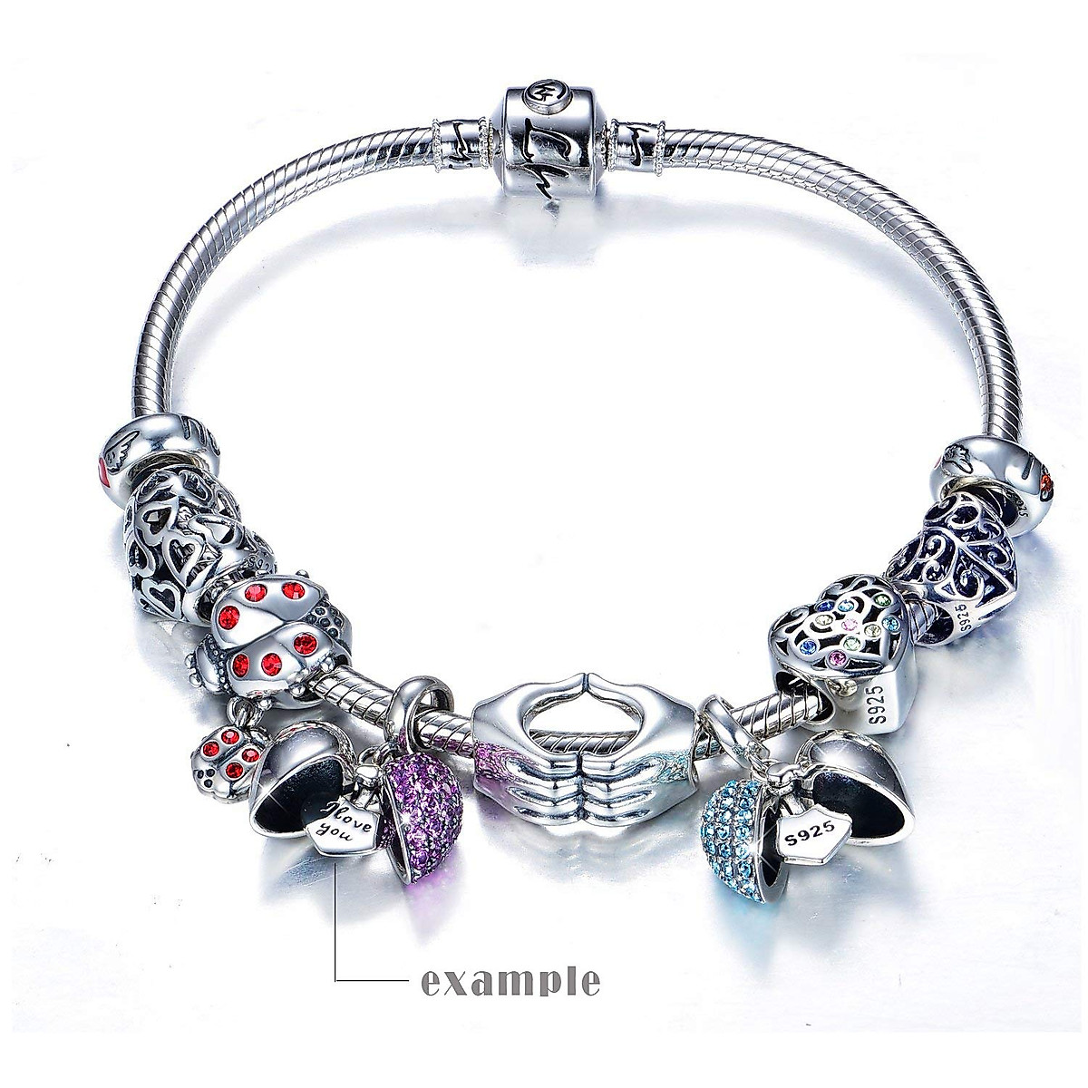 GW 925 Sterling Silver Love Heart Charms Fit Snake Chain Bracelets Pendant for Necklace for Women (Pink-I love you)