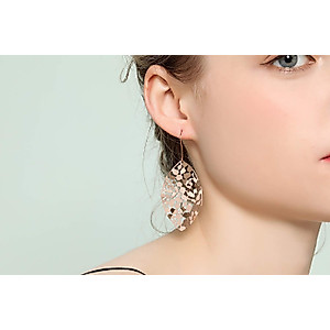 Cyan Birdee Leaf Dangle Earrings for Women Gold-plated Filigree Dropping Lightweight Fashion Jewelry, Mother's Day Gift (Rose Gold Leaf)