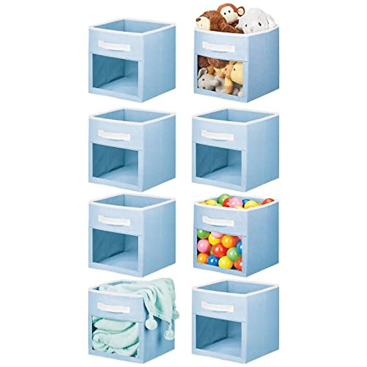 mDesign Fabric Nursery/Playroom Closet Storage Organizer Bin Box, Front Handle/Window for Cube Furniture Shelving Units, Hold Toys, Clothes, Diapers, Bibs, Jane Collection, 8 Pack - Light Blue/White