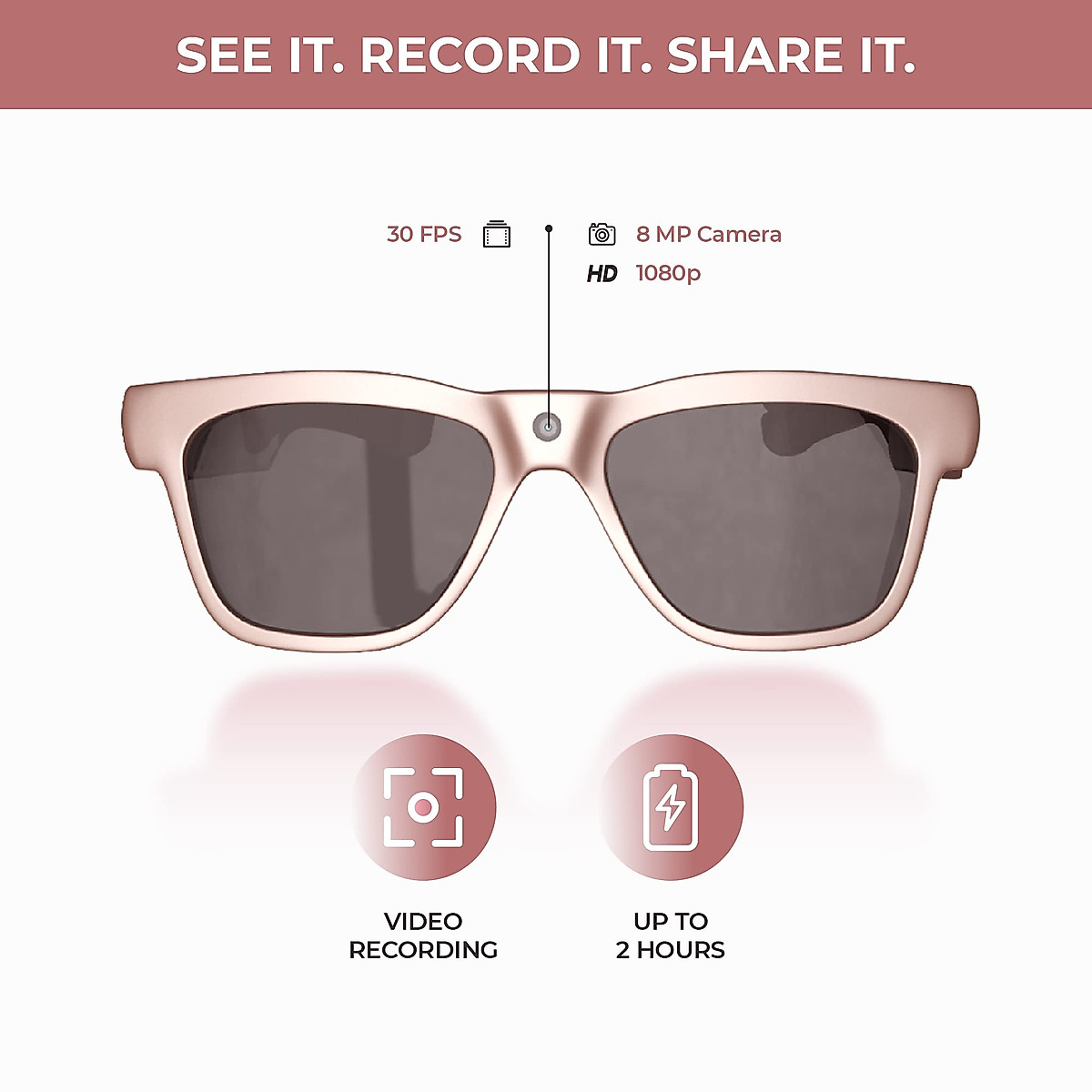 GoVision Royale Ultra High Definition Video Camera Sunglasses |8MP Camcorder | Wide Angle View, Unisex Design, Stylish and Lightweight Frame Rose Gold