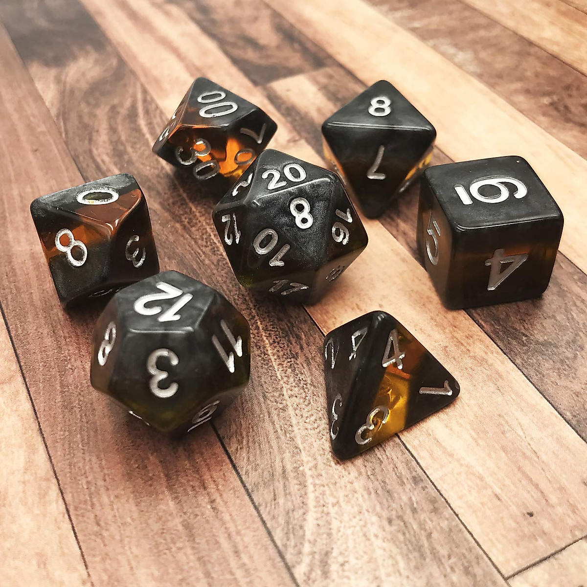 20 Forgotten Amber - 7 Piece Polyhedral DND Dice Set by D20 Collective - Black and Amber Swirled Acrylic Dice for Table Top Dungeons and Dragons RPGs and Gaming - D&D Dice Sets
