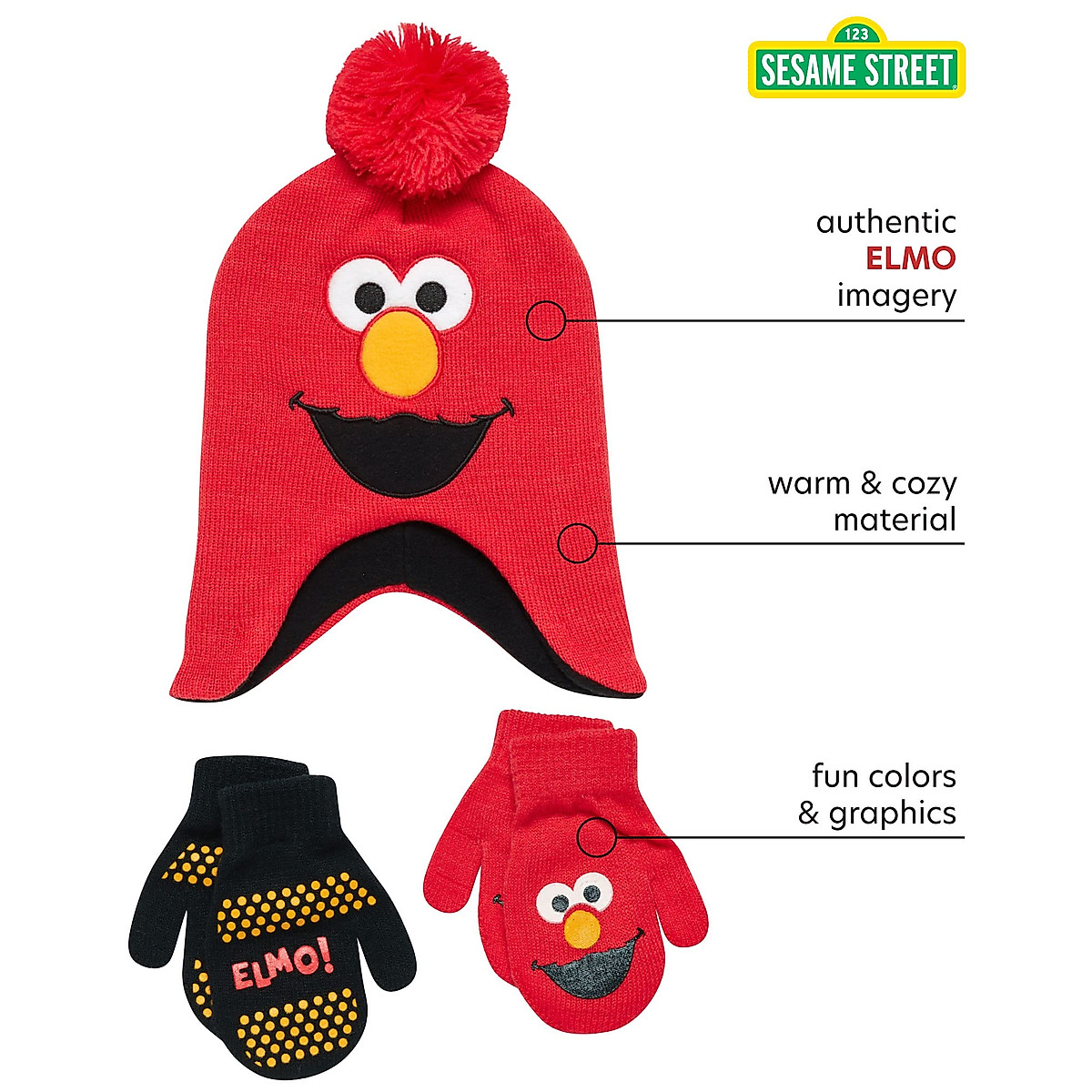 Sesame Street Elmo Hat and 2 Pair Mittens Cold Weather Set, Toddler Boys Age 2-4