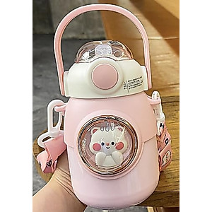 Large Capacity Cartoon Prints Water Bottle with Straw Lid Women Tumblers with Shoulder Strap Stainless Steel Thermal Cup (Pink 23.6oz)