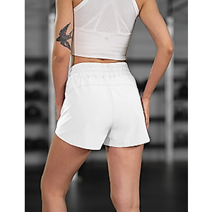 BMJL Women's Running Shorts High Waisted Athletic Shorts Summer Gym Workout Short with Zipper Pockets(S,White)