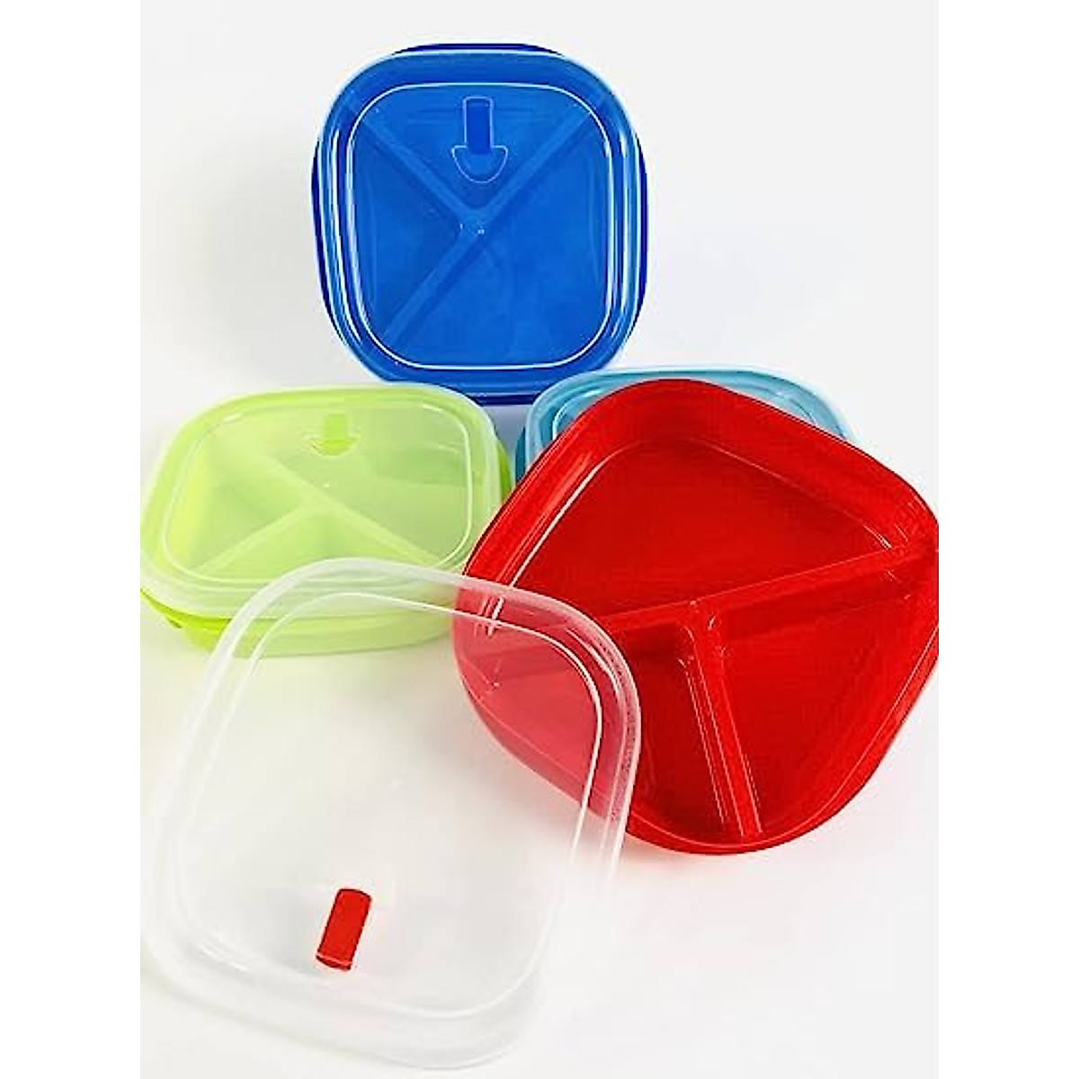 Set of 4 - Microwave Food Storage Containers, Lunch Boxes - 3 Section / Compartment Divided Plates w/ Vented Lid and 1 BAMD Kitchen Conversion Magnet, 41965n