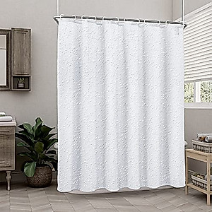 SUMGAR White Shower Curtain Farmhouse Modern Fabric Cloth Bathroom Curtains Set with Hooks 3D Embossed Textured Polyester Ruffle Like Decorative Washable Waterproof Summer Luxury Bath Curtain 72"x72"