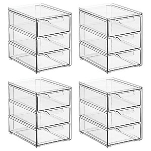 mDesign Plastic Stackable Organizer with 3 Drawers - Pull-Out Drawer Storage Bin for Bathroom Sink/Cabinet Organization - Perfect for Makeup, Small Towels, and More - Lumiere Collection, 4 Pack, Clear