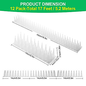Bird Spikes, Bird Deterrent Spikes for Squirrel Raccoon Small Birds, Defender Spikes, Pigeon Spikes, Outdoor Anti Climb Anti Bird Fence Spikes for Roof, Windowsill, Covers 17 Feet(5.2m) - 12 Pack