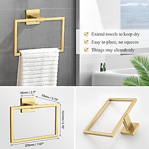 TURS 5-Pieces Bathroom Hardware Set Brushed Gold Towel Bar Set Include Single Towel Bar 2 Towel Rings Toilet Paper Holder and Towel Hook, Stainless Steel Towel Holder Set Wall Mount