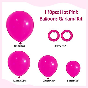 FOTIOMRG 110pcs Hot Pink Balloon Garland Arch Kit, 18 12 10 5 inch Hot Pink Latex Balloons Different Sizes Pack for Birthday Baby Shower Bridal Shower Wedding Bachelorette Party Decorations