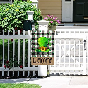 Surfapans Welcome St Patricks Day Garden Flag 12x18 Inch Double Sided Outside Burlap Buffalo Check Plaid Green Hat Shamrock Clover Small Outdoor Yard Flags Porch Home Farmhouse Decoration