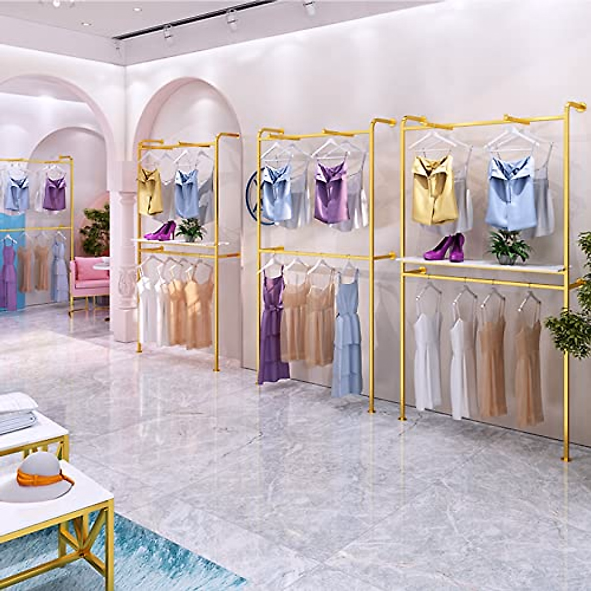 MDEPYCO Modern Simple Square Tube Double Hanging Rods Clothing Rack,Retail Display Wall Mounted Storage Clothes Hanging Shelf,2 Tier Metal Garment Rack (39" L, Gold without Wood)