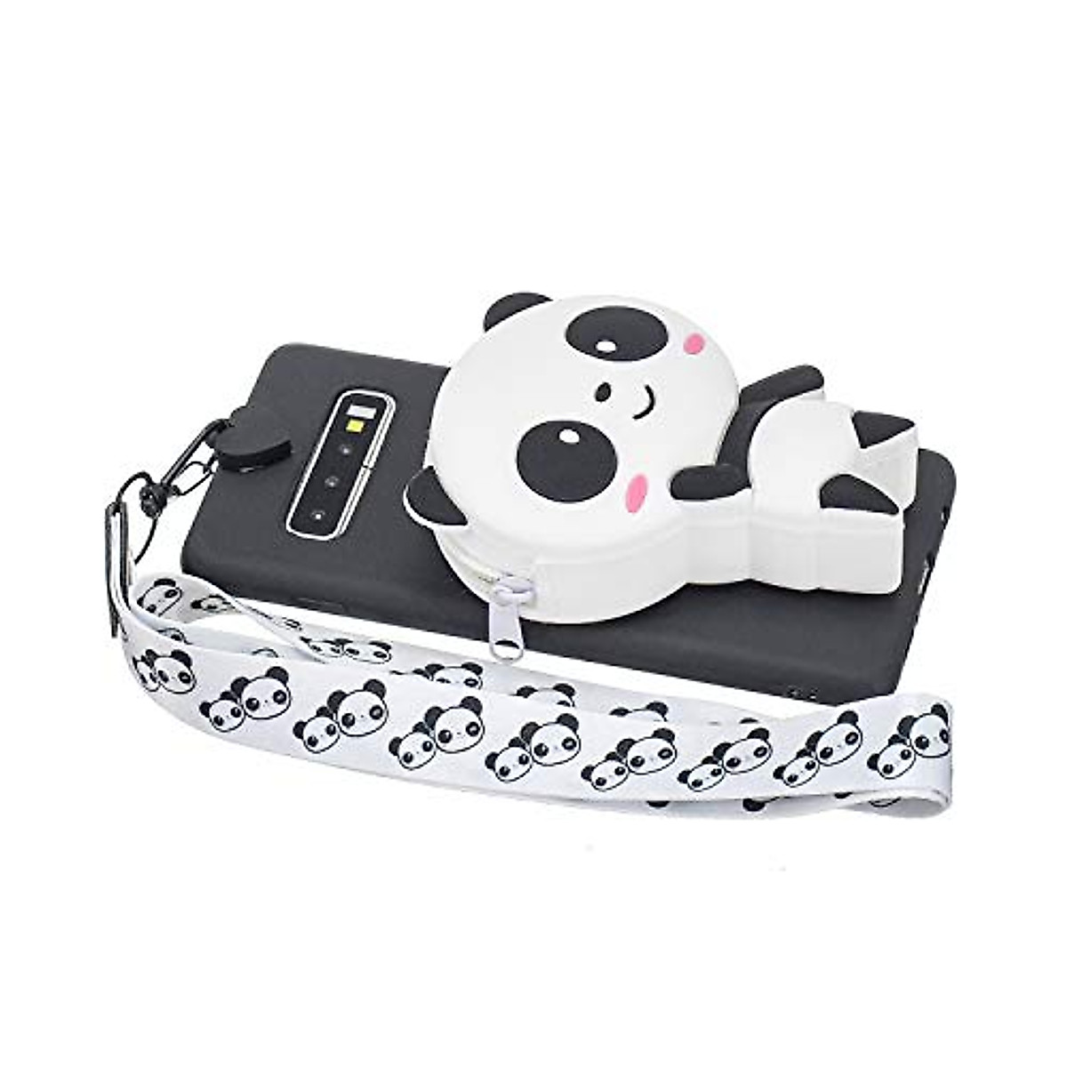 Girlyard for Samsung Galaxy S10 Plus Silicone Case with 3D Cartoon Animal Zipper Wallet Purse Stand Holder Cover and Long Detachable Lanyard Strap Phone Case for Kids Girls,Black Panda