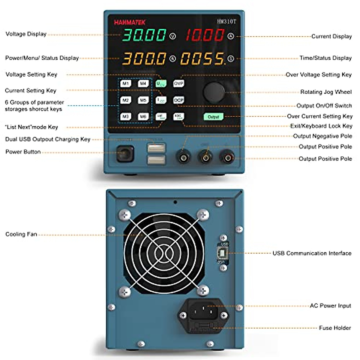 Programmable DC Power Supply (0-30 V 0-10 A) HM310T High Precision 4-Digit Voltage Current Power Time Display Variable Switching Digital Power Supply with PC Software and USB Interface