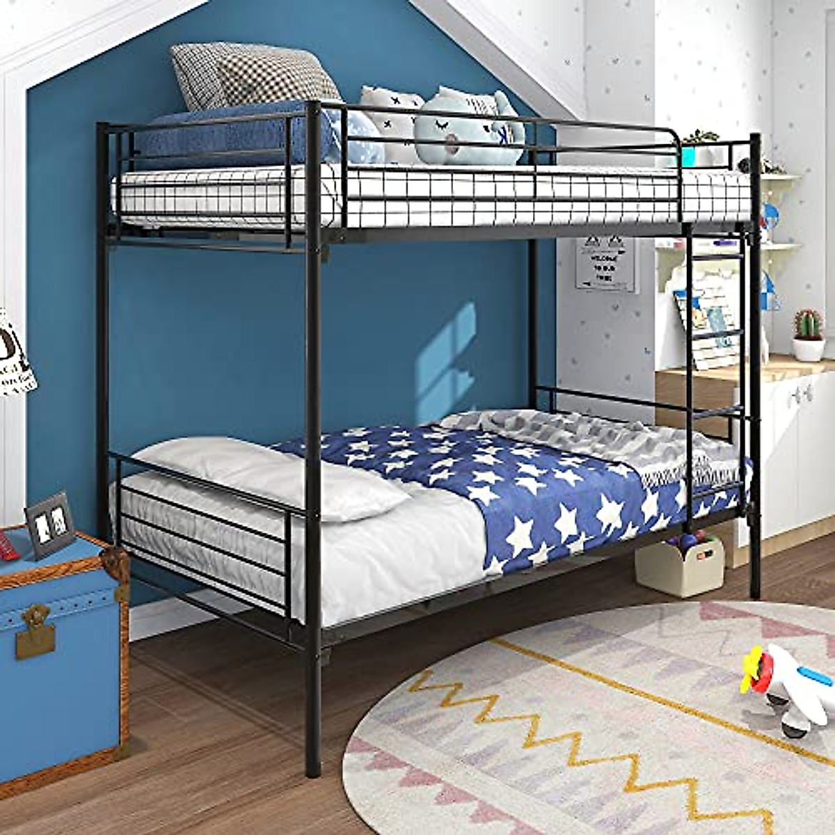 Lostcat Twin Over Twin Metal Bunk Bed,Heavy Duty Bunk Beds Frame w/Enhanced Upper-Level Guardrail and Ladders Suitable for Kids/Teen/Adults,No Box Spring Needed,Easy Assembly,Black