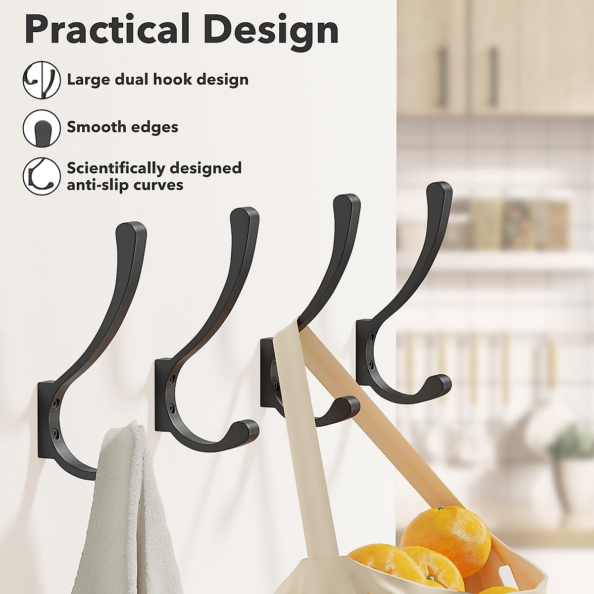 saffruff Wall Hooks for Hanging Coats: 5.6-Inch Heavy Duty Coat Hooks (Holds Up to 30 lbs), Textured Matte Finish, 4-Pack, Black