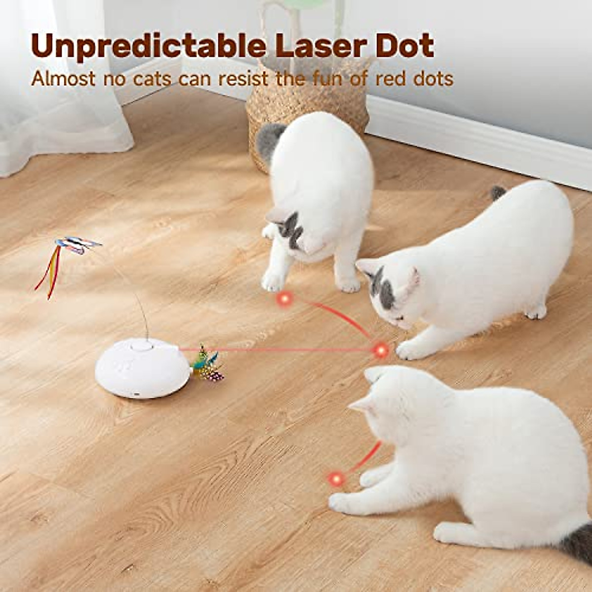 Potaroma Electric Running Cat Laser Toys Interactive, Fluttering Butterfly, 4in1 Automatic Rechargeable Kitten Toy, Colored Feather, Indoor Exercise Cat Kicker, White