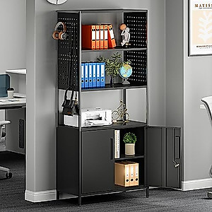 Yizosh 5-Tier Bookshelf, Tall Bookcase with Doors, Industrial Display Standing Shelf Units with Lock & Pegboard, Metal Storage Shelves for Living Room, Bedroom, Home Office (Black)