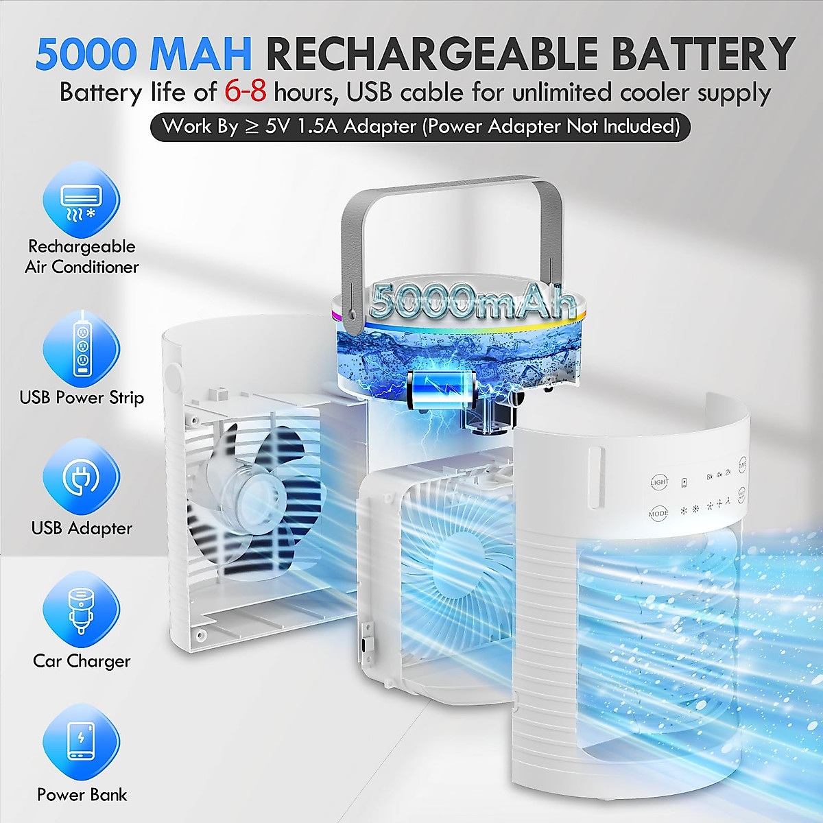 Portable Air Conditioners, 3 Speeds Rechargeable Evaporative Air Cooler With 5000 mAh Batterie, 7-Color LED Light, 2 Cool Mist & 2-8H Timer, Personal Cooling Fan Air Conditioner for Room Car Office