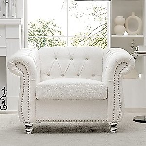 39" Chesterfield Single Sofa Chair Acrylic Crystal Leg Teddy Fabric Upholstered 1 Seater Sofa with Tufted Back,Roll Arm Settee Couches for Living Room Furniture (White + Polyester, Single Sofa)