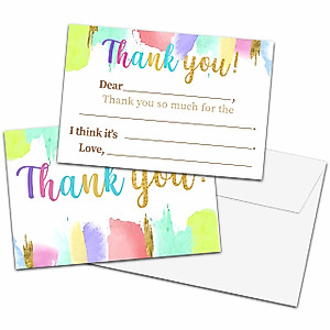 Kids Thank You Cards Fill in the Blank, Art Painting Thank You Cards, Gold Foil Greeting Cards, Thank You Notes For Boys Girls, Birthday Party Decorations Favors (20 Cards With 20 Envelopes) -12