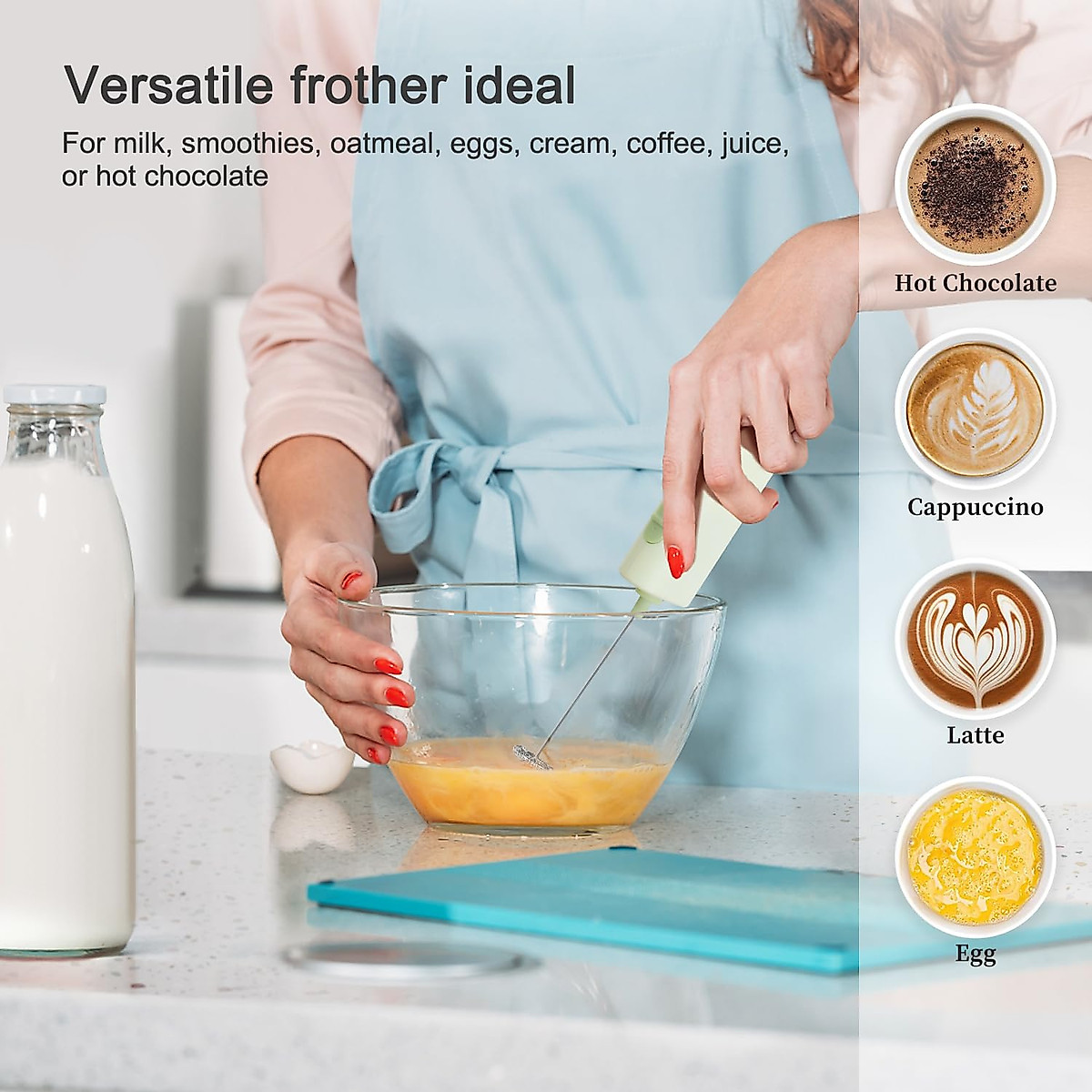 ELMWAY Powerful Electric Milk Frother, Battery Operated Drink Blender, Foam Maker Mixer, Milk Frother Handled for Coffee, Latte, Matcha, Protein Powder (Light Green)