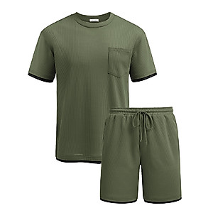 COOFANDY Men's Waffle Shirt and Shorts Set 2 Piece Outfits Casual Summer Tracksuits Set with Pockets