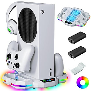 Cooling Stand with Controller Charging Station for Xbox Series S, ZAONOOL Dual Charger Dock & Cooling Fan for Console Accessories with 13 RGB LED Light, 2*Rechargeable Battery, Headset Hook & USB Port