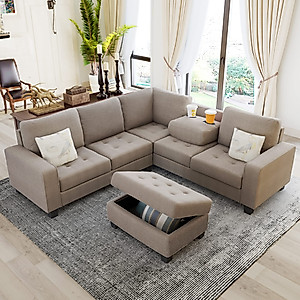 Merax Sectional Corner Sofa Set, Modern L-Shaped Couch with Storage Ottoman and Cup Holders for Living Room, Linen Brwon