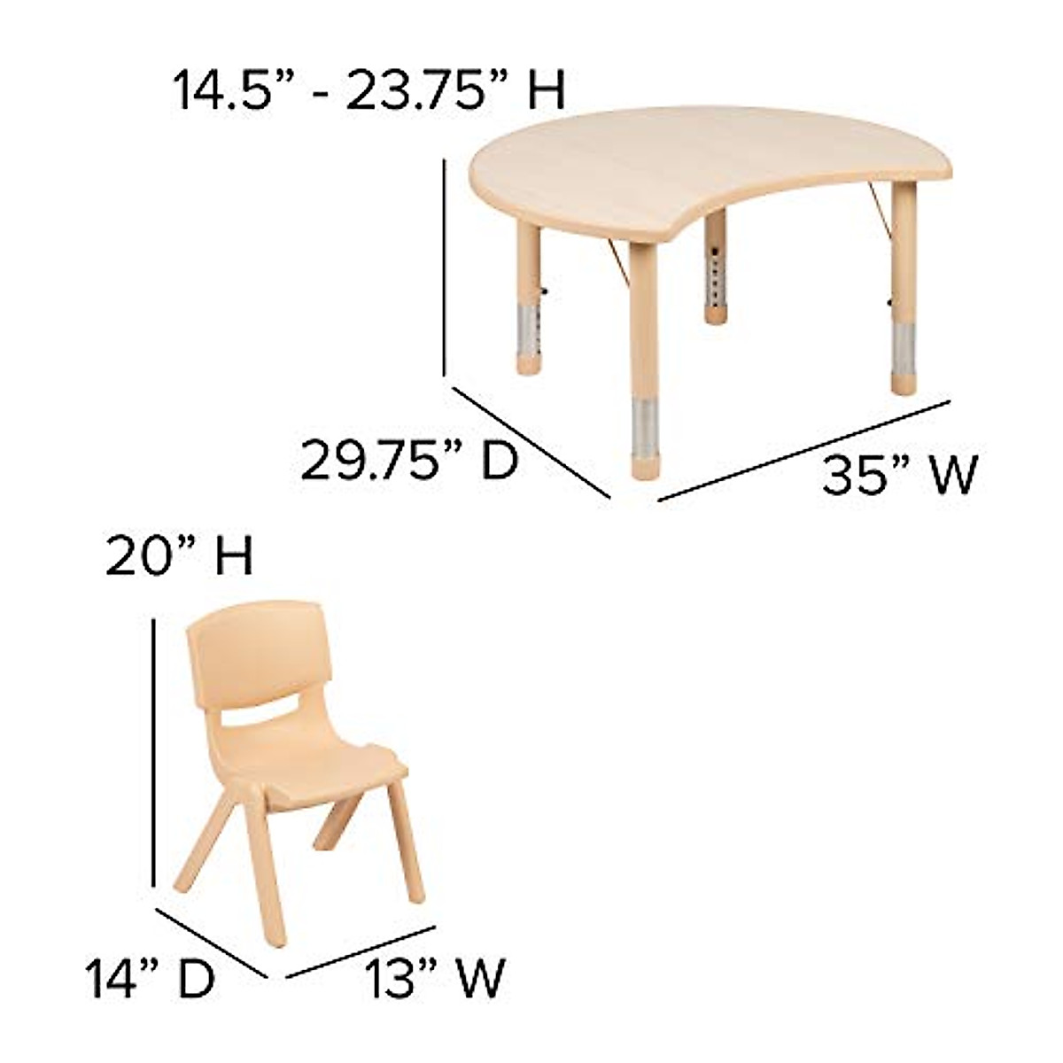 Flash Furniture 25.125"W x 35.5"L Crescent Natural Plastic Height Adjustable Activity Table Set with 2 Chairs