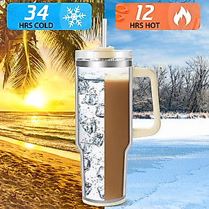 TaroKitc 40 oz Tumbler with Handle | Stainless Steel Insulated Iced Coffee Cup with Lids and Straw | Insulated Travel Mug | Keeps Drinks Cold for 34 Hours | Dishwasher Safe, BPA Free | Cream