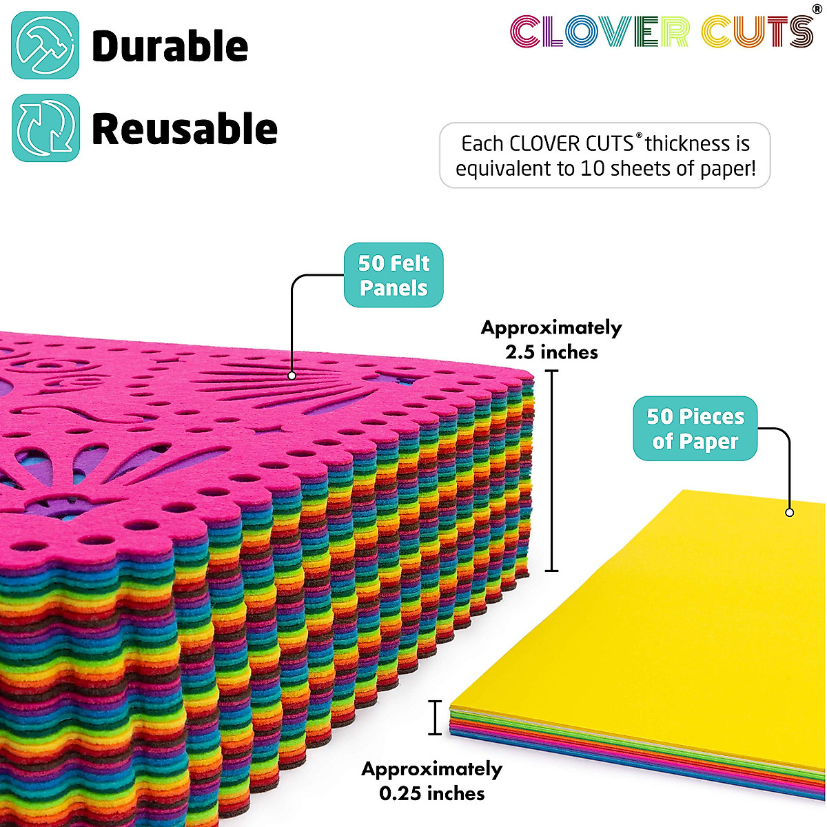 CLOVER CUTS, 50 Multi-Colored Felt Papel Picado Banners, Fiesta Party Decorations, Cinco de Mayo Decorations, Día de Los Muertos Decorations