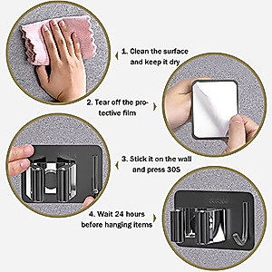 CELBERENA 5 Pack Mop Broom Holder No Drill SUS304 Stainless Steel, Self Adhesive Mop Broom Organizer Wall Mounted Heavy Duty with Hooks Storage Hanger for Bathroom, Kitchen, Office, Black
