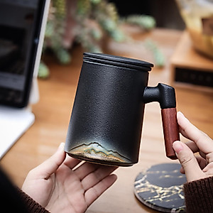 Ochcahser Tea Cup with Infuser and Lid, 15.2 Ounces Artistic Mountain Embossed Ceramic Tea Mug with Absorbent Coaster for Loose Leaf Tea, Ergonomic Bamboo Handle Tea Steeping Mug for Tea Lovers