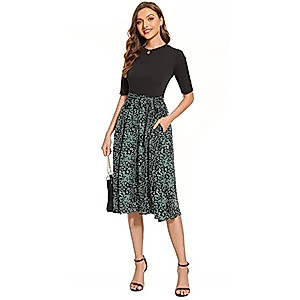 CISMARK Womens Half Sleeve Ribbed Midi Dress Modest Casual Work Dress with Pockets Black Print XL